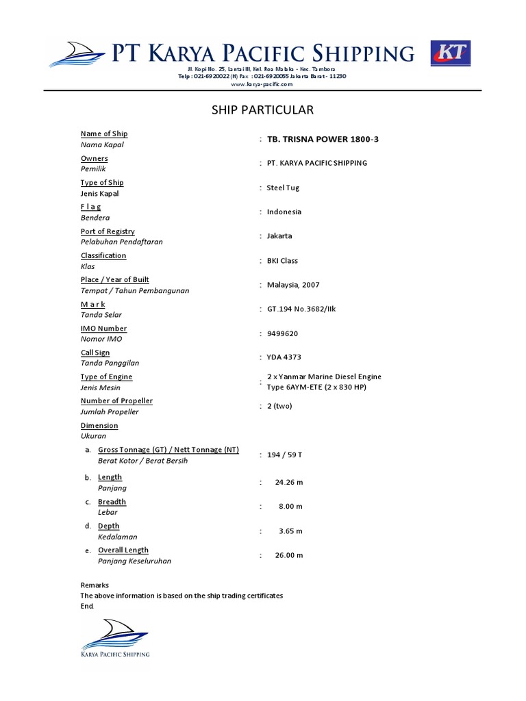 TP1800-3 - Ship Particular | PDF