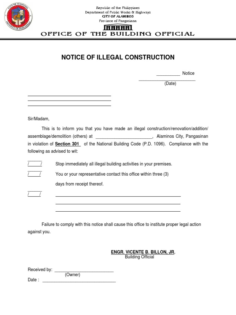 Notice of Illegal Construction and Order to Cease Work at an ...