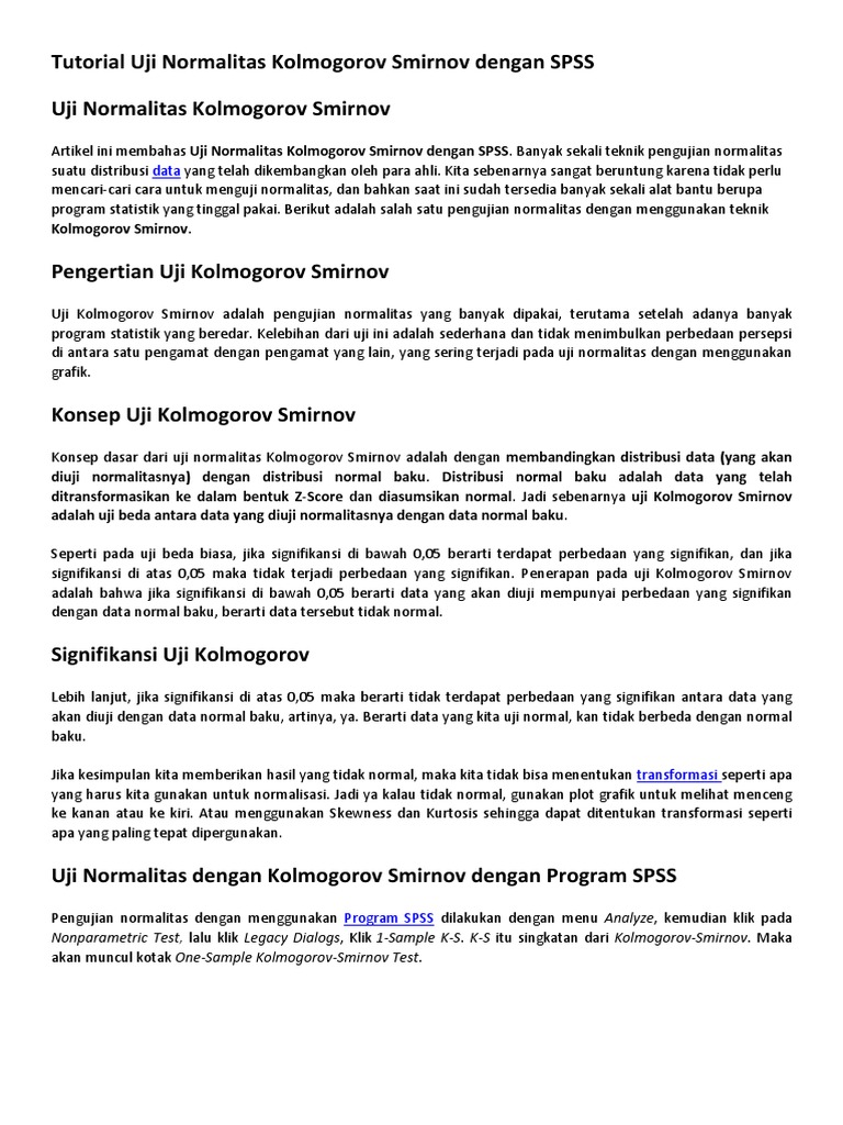 Tutorial Uji Normalitas Kolmogorov Smirnov Dengan SPSS | PDF