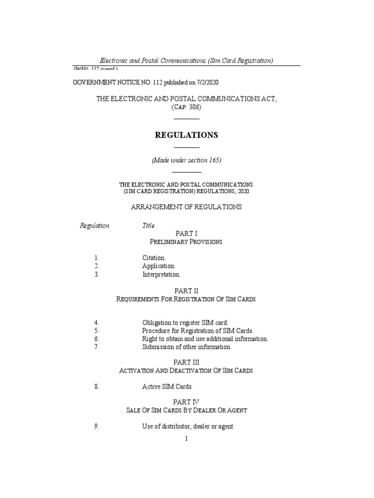 Sim Card Registration Regulations, 2020 PDF | PDF | Finance & Money ...