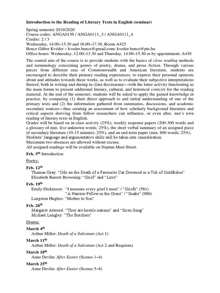 Syllabus (Introduction To The Reading of Literary Texts in English ...