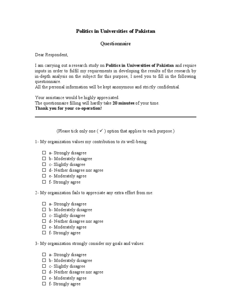 University Politics Survey Pakistan | PDF | Questionnaire | Psychology