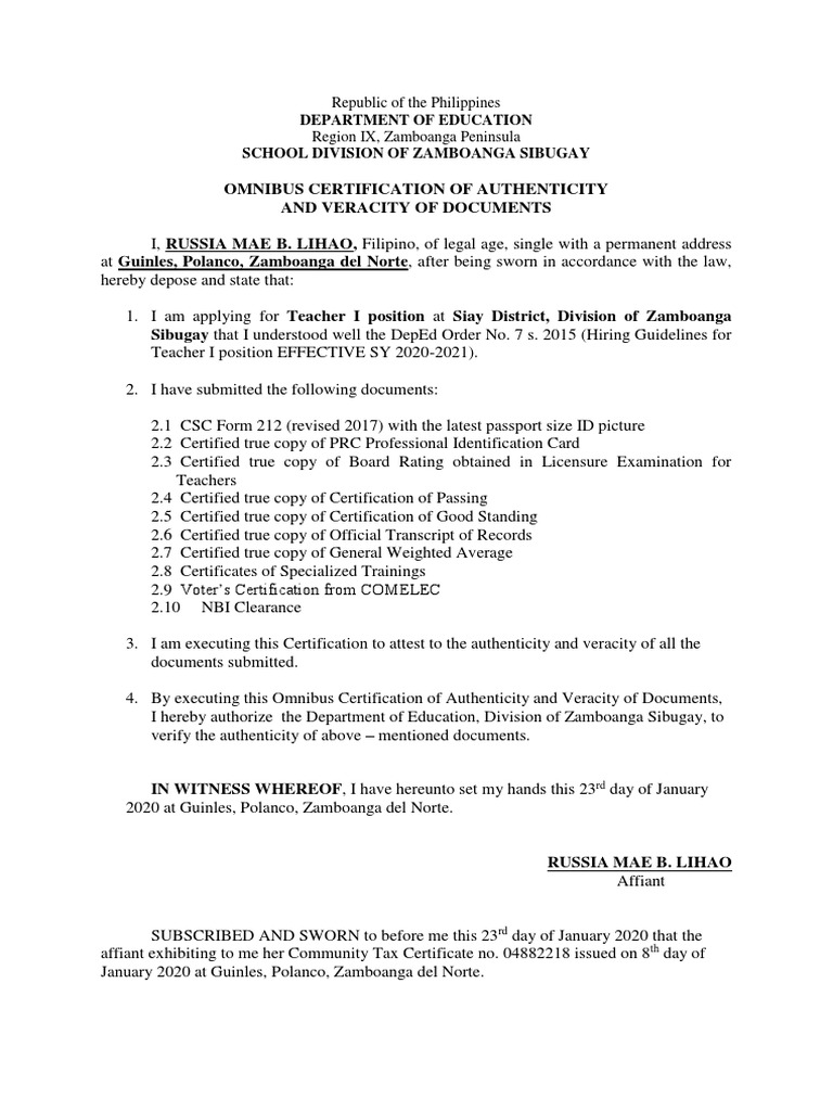 Omnibus Certification Sample | PDF