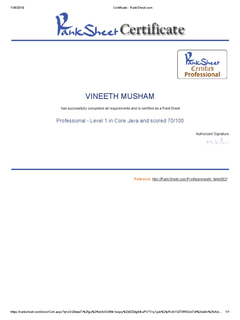 RankSheet Level 1 Java Certification | PDF