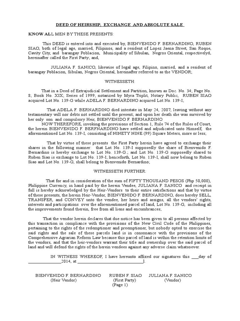 DEED OF HEIRSHIP AND SALE OF AN UNDIVIDED SHARE - Fortos | PDF