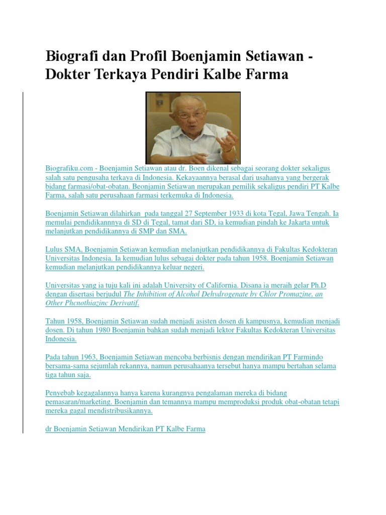Boenjamin Setiawan: Pendiri Kalbe Farma | PDF | Kesehatan Holistik