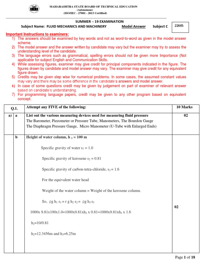 Model Answer Paper For S 19 MSBTE FMM Examination 22445 S19 MA | PDF