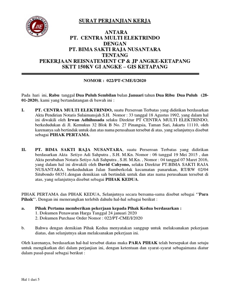 Surat Perjanjian Kerja PT CME - PT BSRN Proyek SKTT 150KV Angke Ketapang | PDF