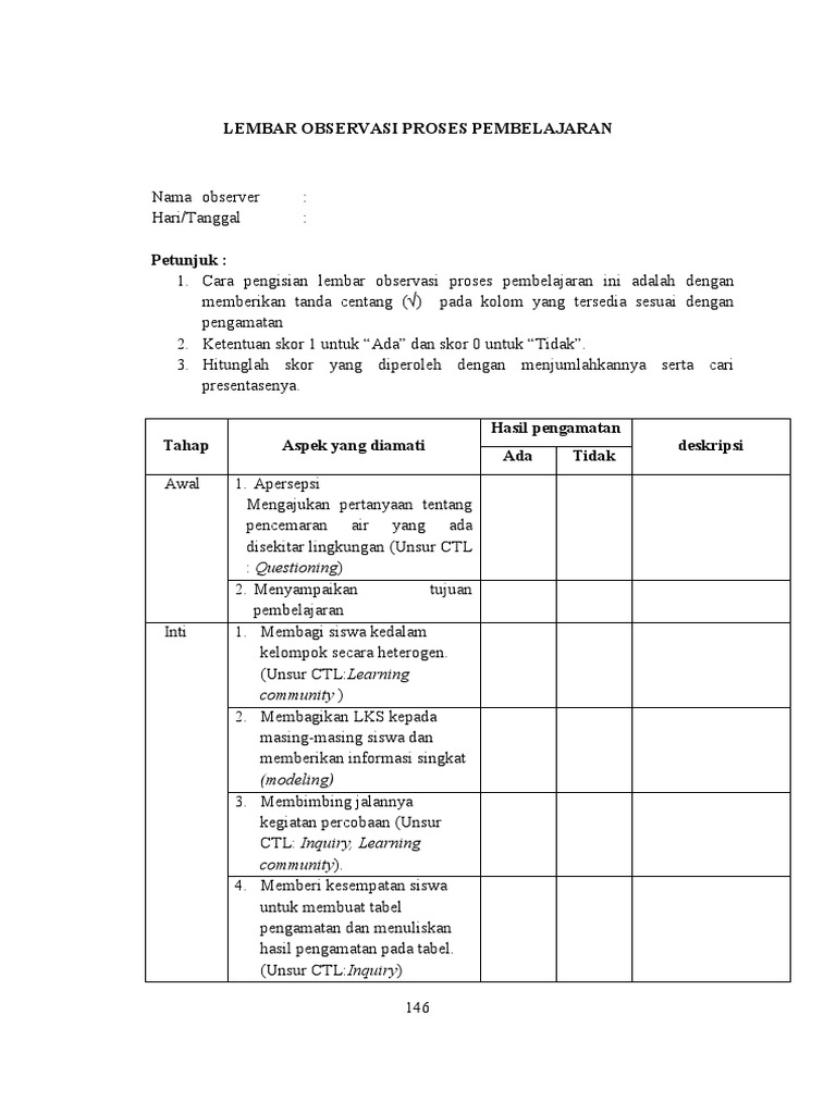 Lembar Observasi Proses Pembelajaran Pdf Pdf