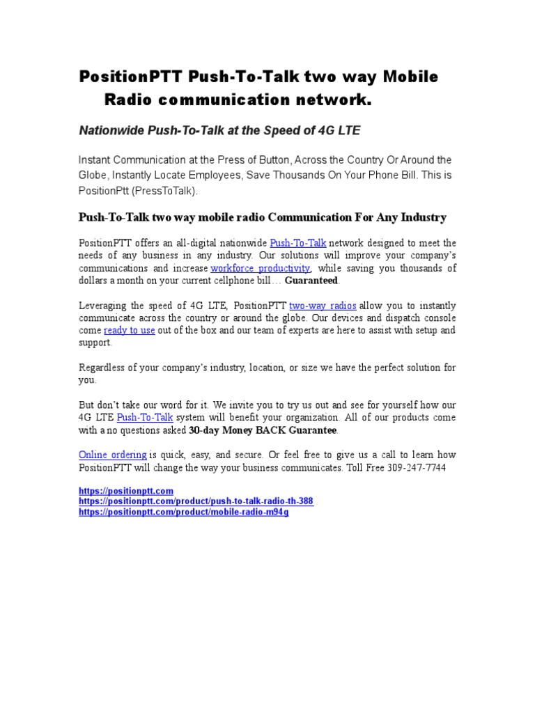 Position PTT Push-To-Talk Two Way Mobile Radio Communication Network. | PDF