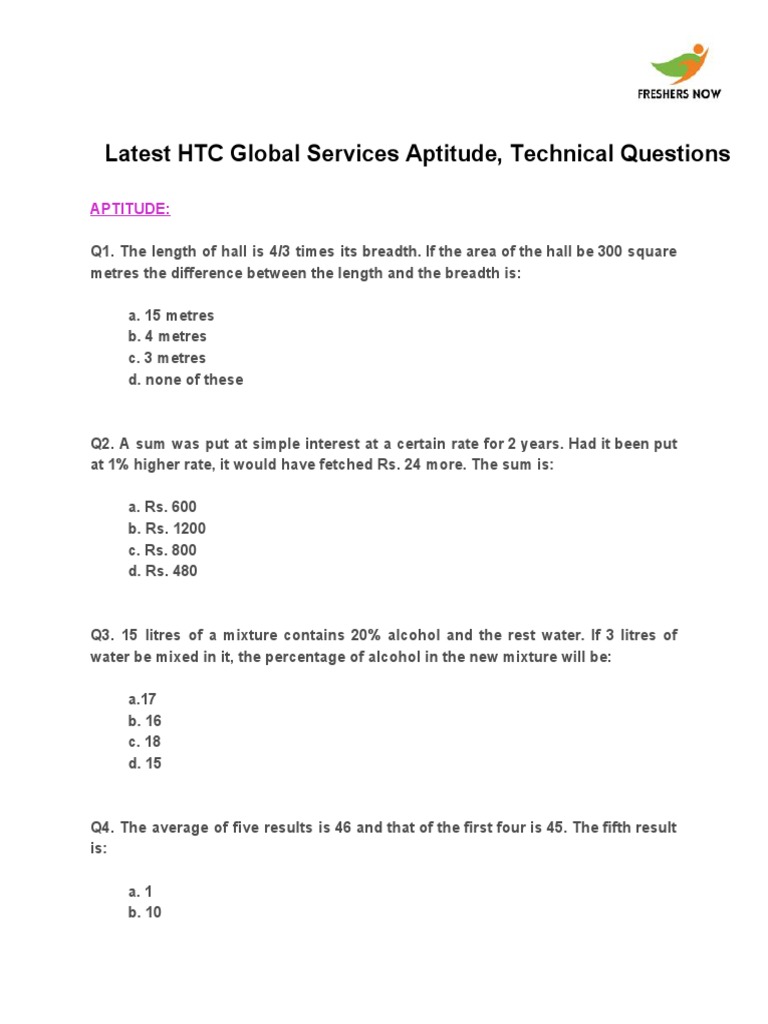 Latest HTC Global Services Aptitude Technical Questions | PDF