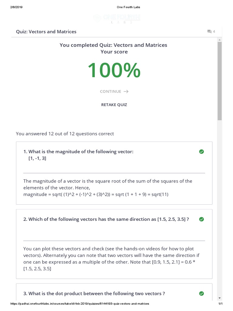 One Fourth Labs Matrix and Vectors Quiz | PDF