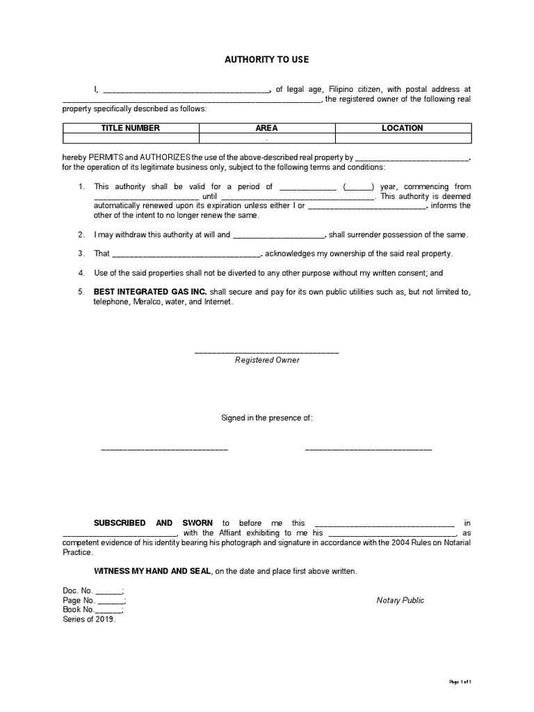 Property Use Authorization Letter | PDF | Business | Law
