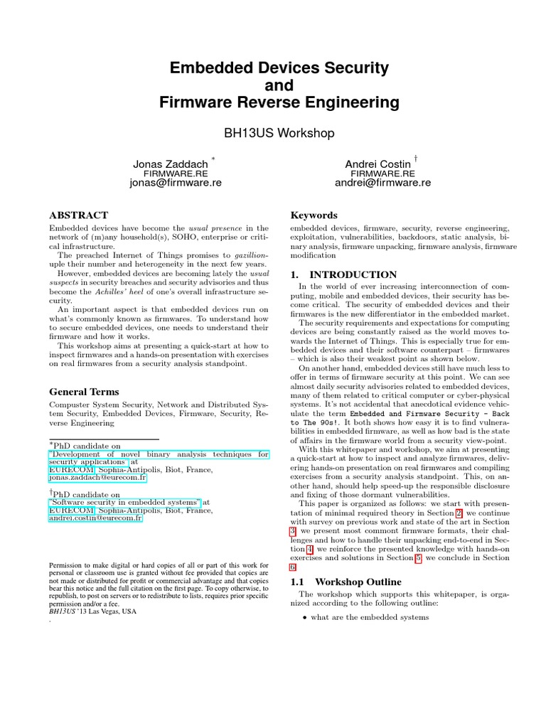 US 13 Zaddach Workshop On Embedded Devices Security and Firmware Reverse Engineering WP PDF | PDF