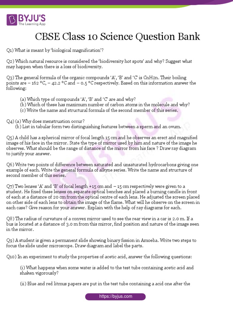 CBSE Class 10 Science Question Bank | PDF | Science & Mathematics