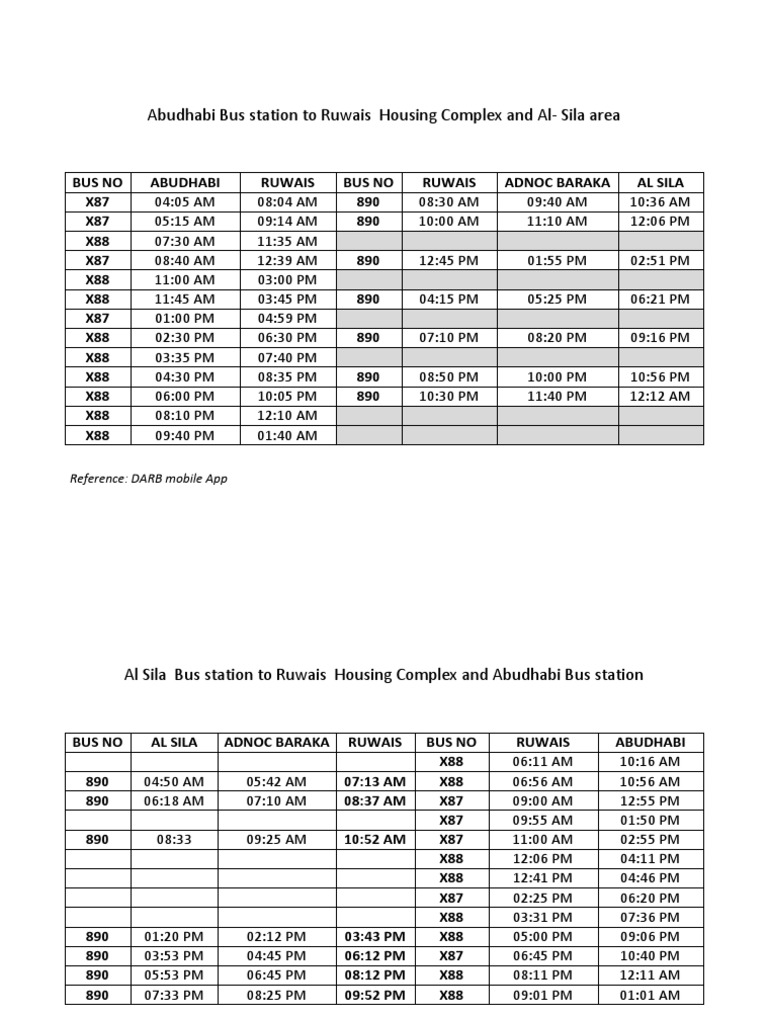 Abu Dhabi to Ruwais Bus Timetable | PDF