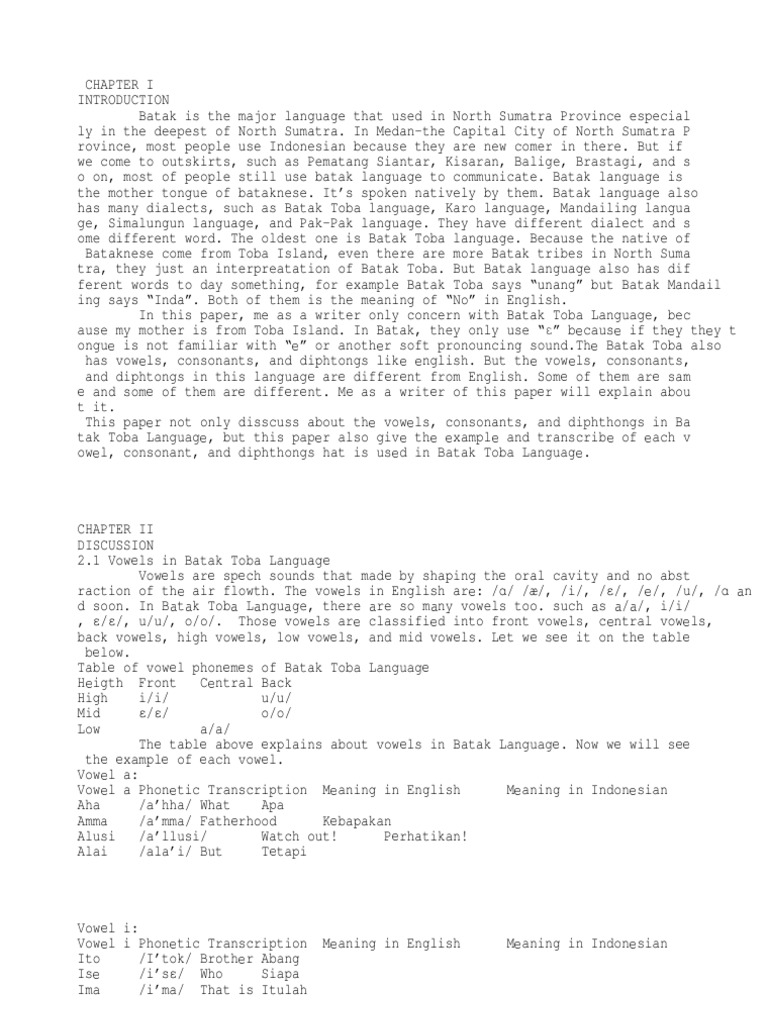 Phonology in Batak Toba Language | PDF | Phonology | Phonetics