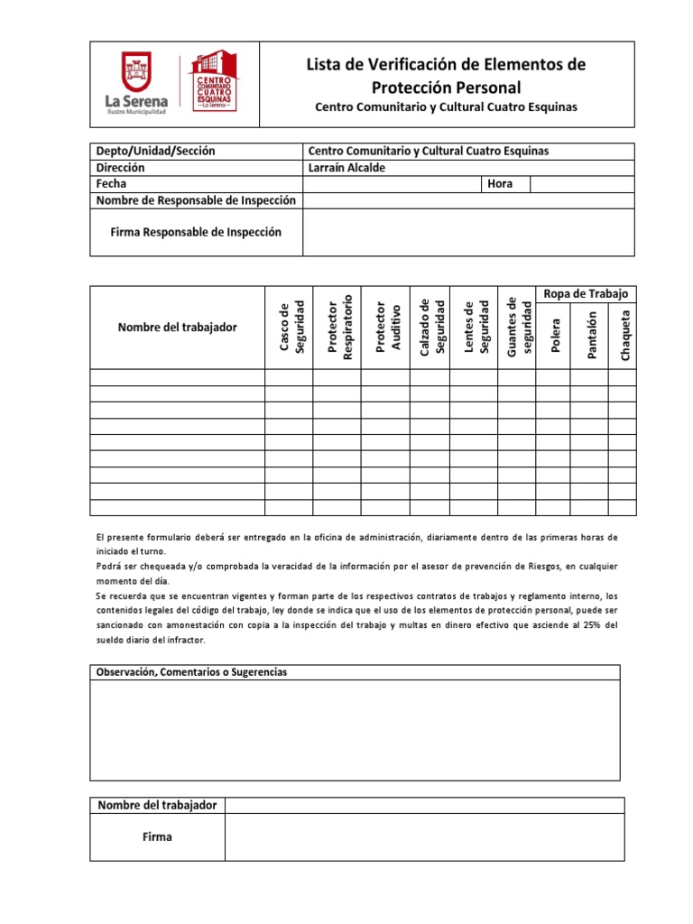 Lista de Verificación EPP Cuatro Esquinas | PDF