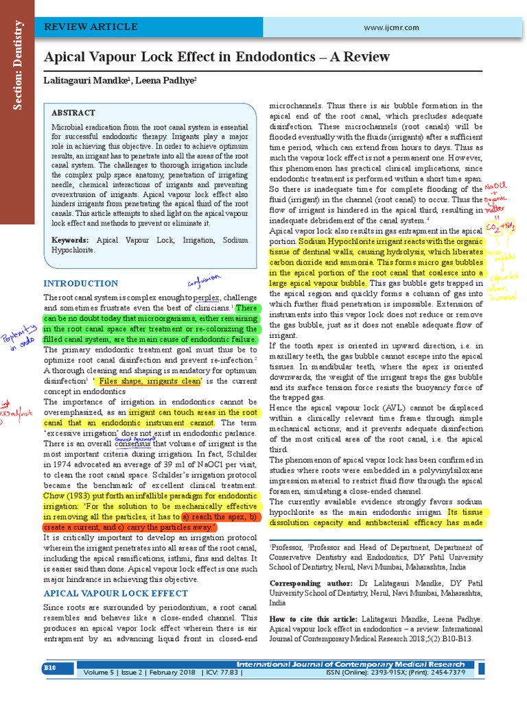 Apical Vapour Lock Effect in Endodontics - A Review | PDF