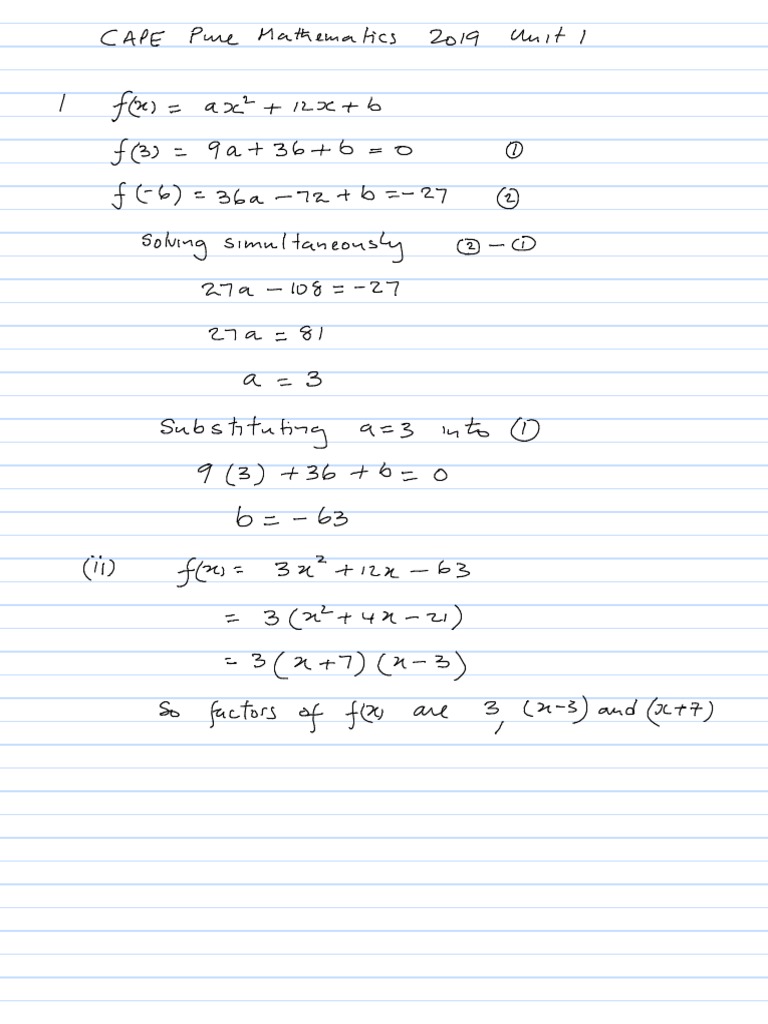 Cape Pure Maths 2019 Unit 1 Paper 2 Solutions PDF | PDF