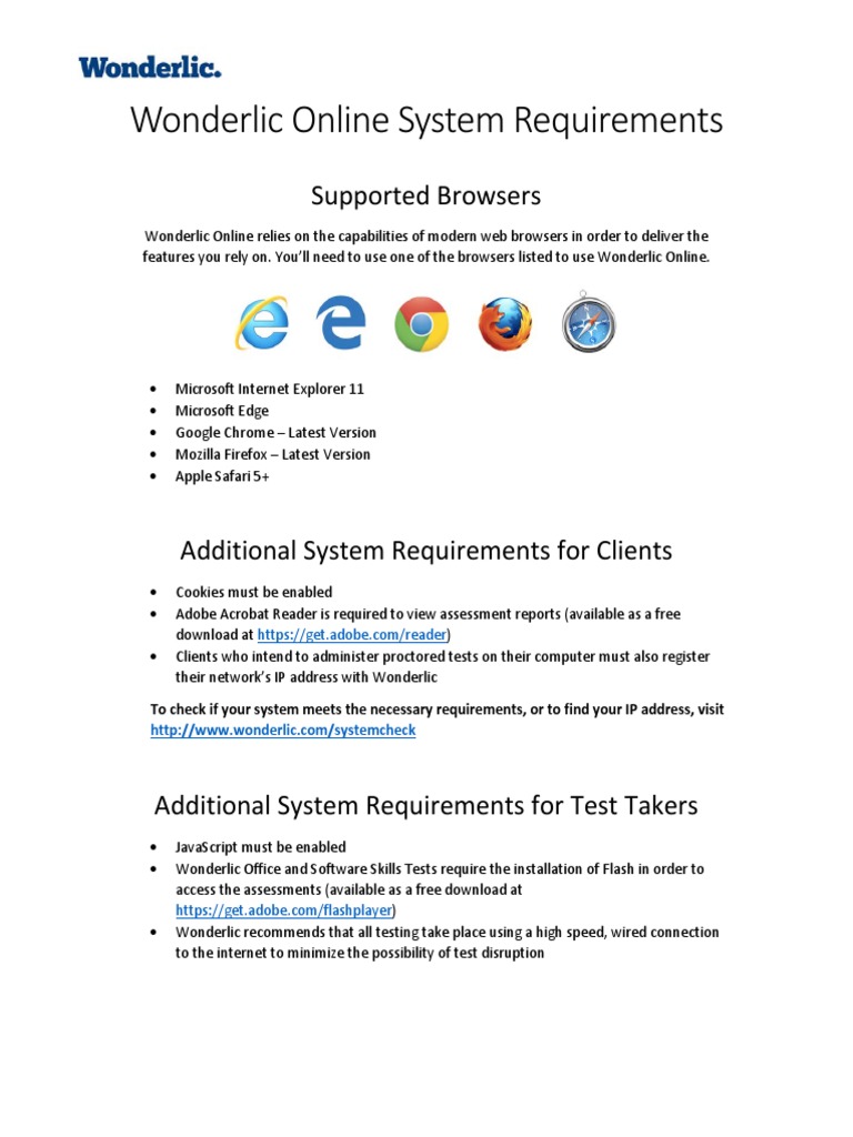 Supported Browsers and System Requirements for Using Wonderlic Online ...