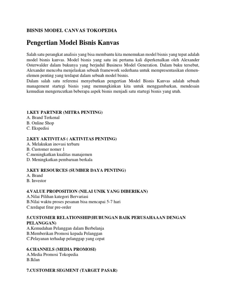 Bisnis Model Canvas Tokopedia | PDF