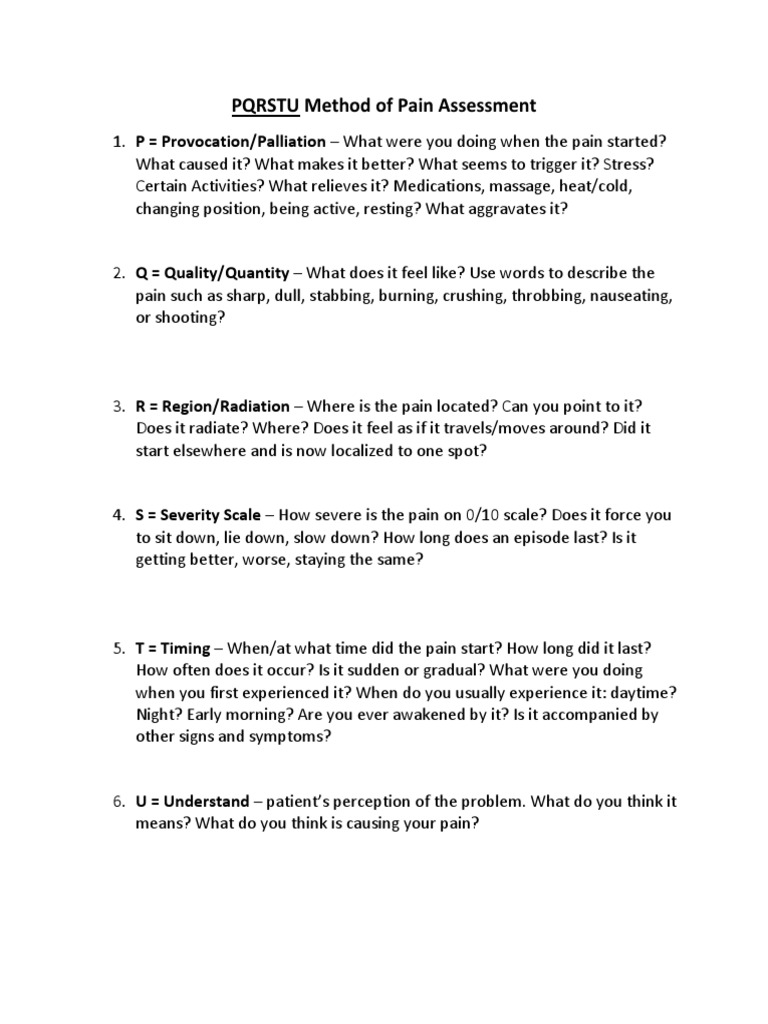 PQRSTU Method of Pain Assessment | PDF