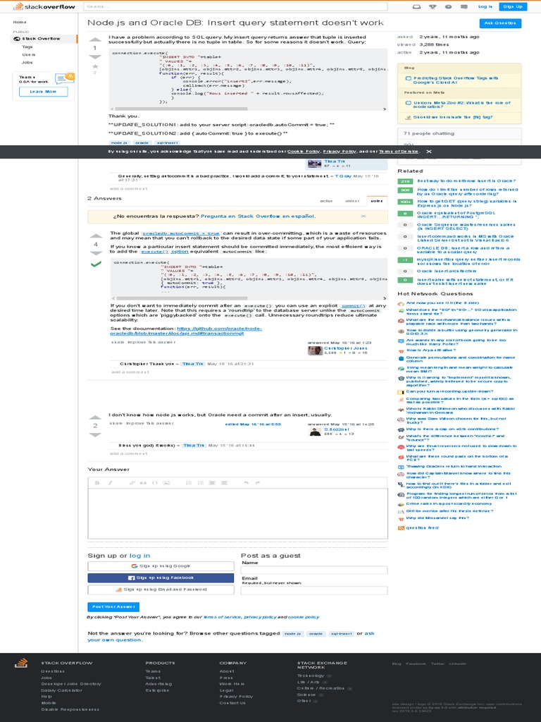 Node - Js and Oracle DB - Insert Query Statement Doesn't Work - Stack Overflow PDF | PDF