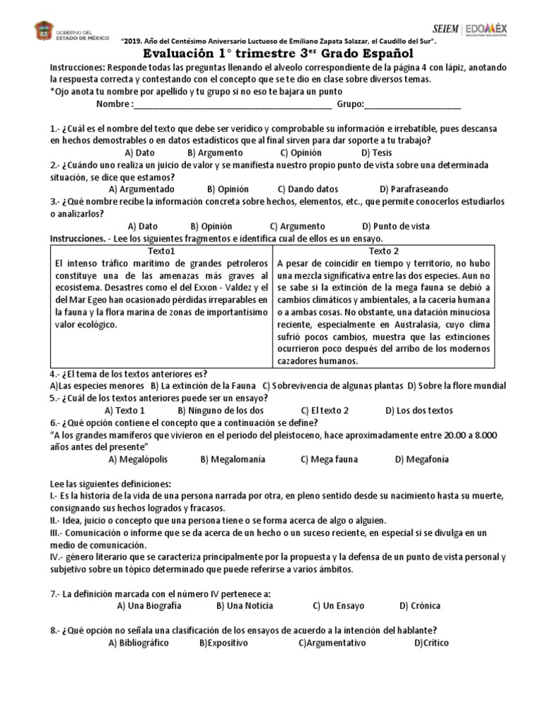 Examen 3er Grado Español Pdf