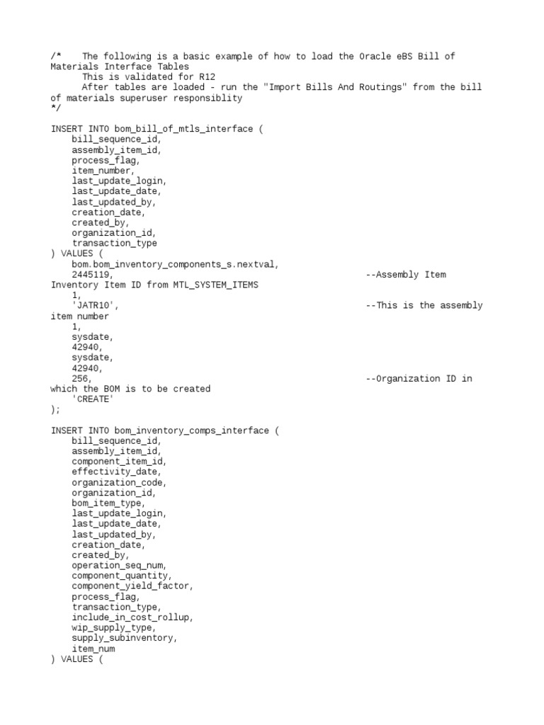 Oracle eBS Bill of Materials Import Example | PDF