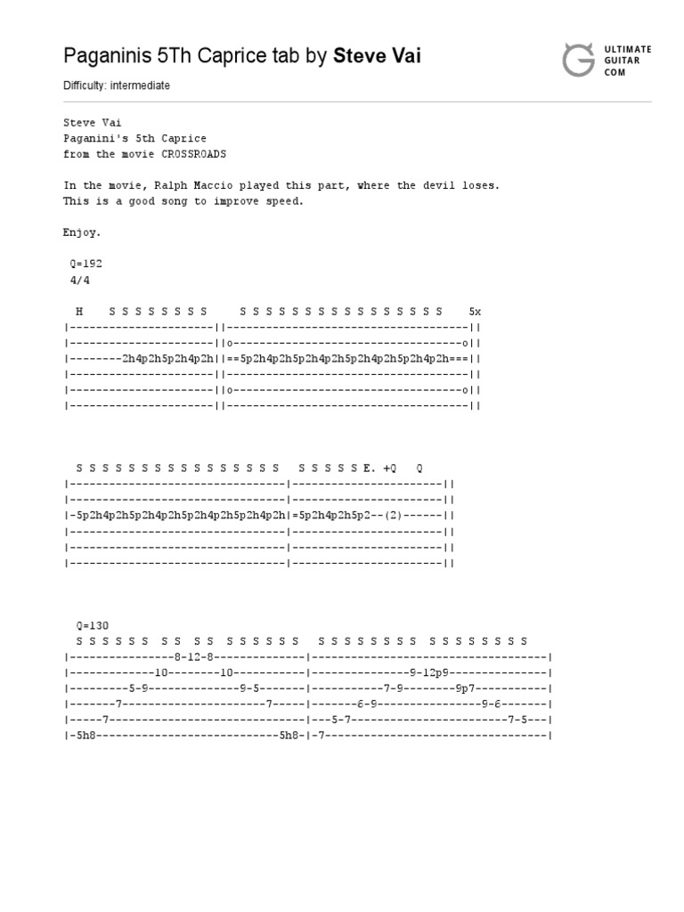 Paganinis 5th Caprice Tab by Steve Vaitabs at Ultimate Guitar Archive | PDF