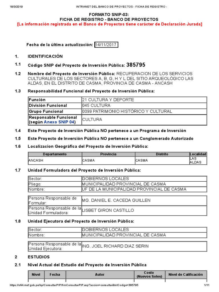 Las Aldas FICHA REG SNIP | PDF