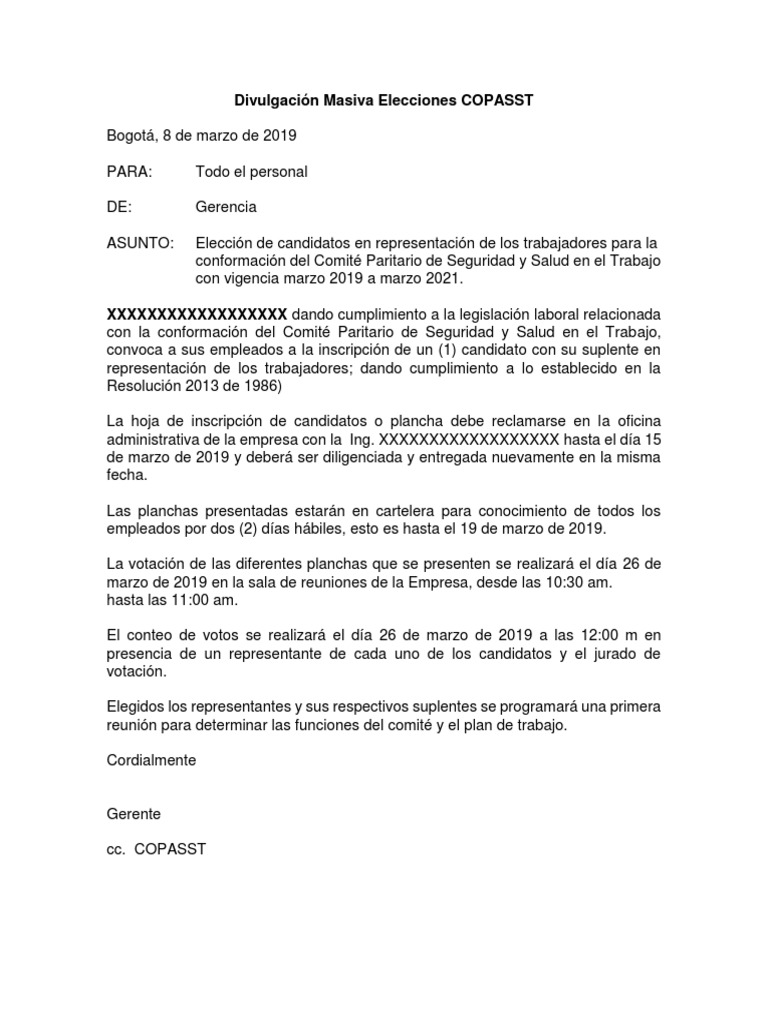 Elecciones COPASST 2019: Convocatoria y Fechas | PDF | Finanzas y dinero