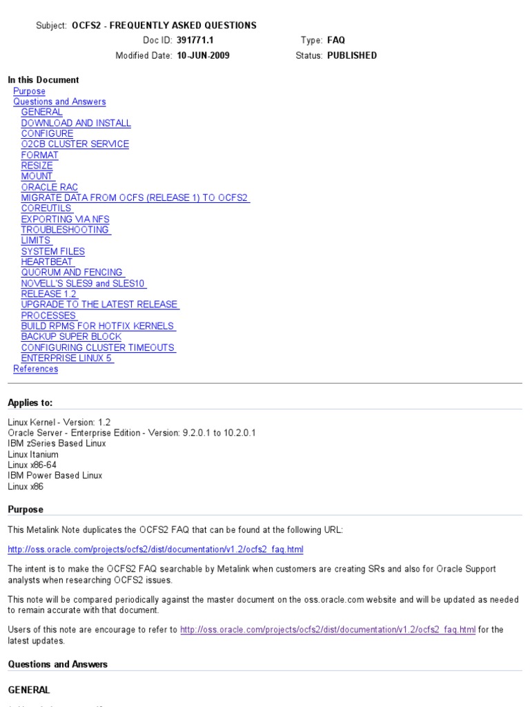 OCFS2 - Frequently Asked Questions | PDF | File System | Oracle Database
