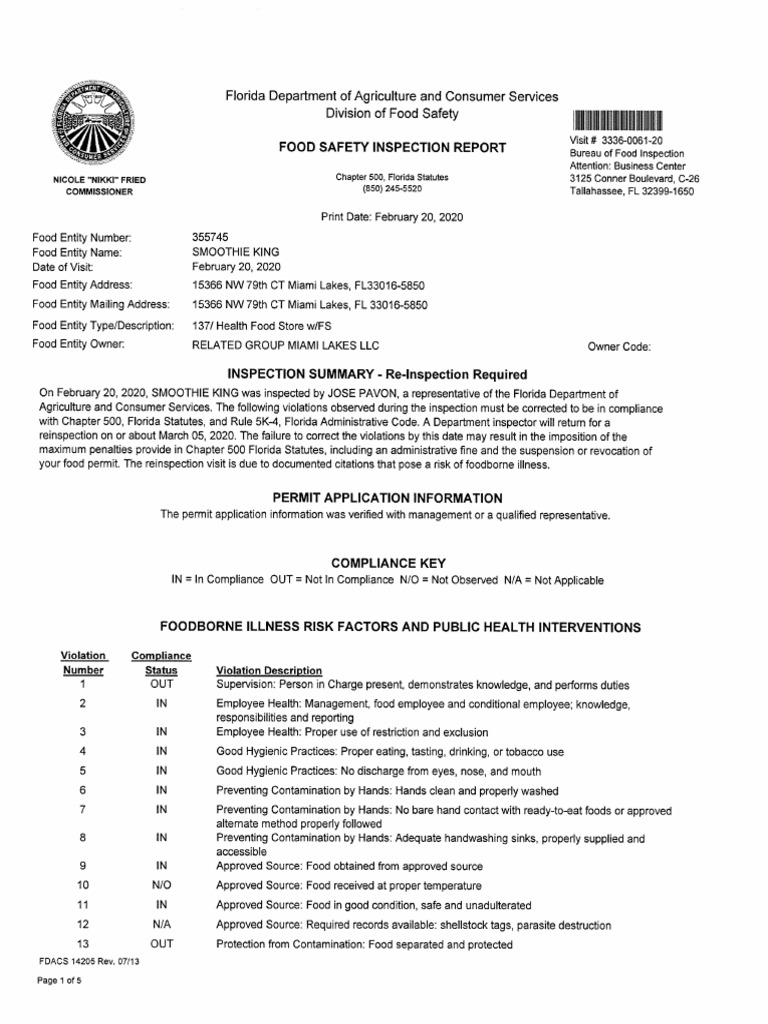 Smoothie King Food Safety Inspection Report | PDF