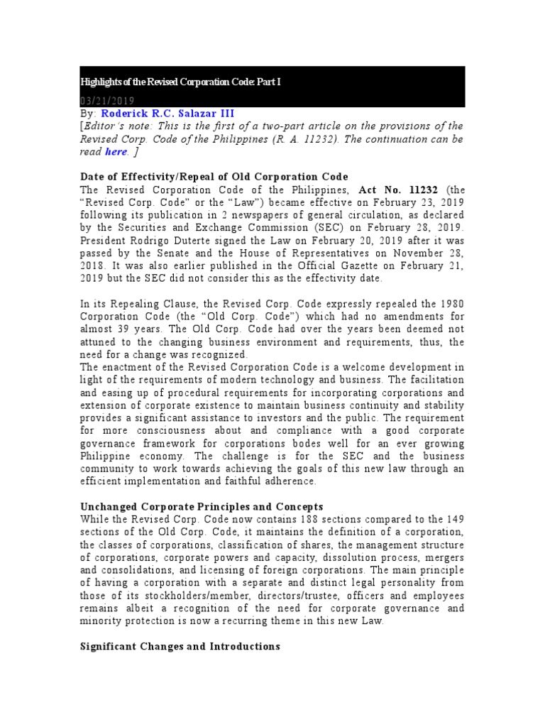 Highlights of The New Revised Corporation Code | PDF | Business | Law