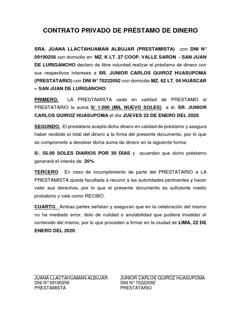 Contrato Privado de Préstamo de Dinero | PDF