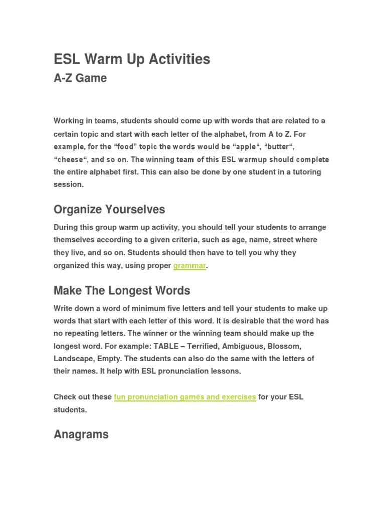 Warm Up Activities For Classes | PDF