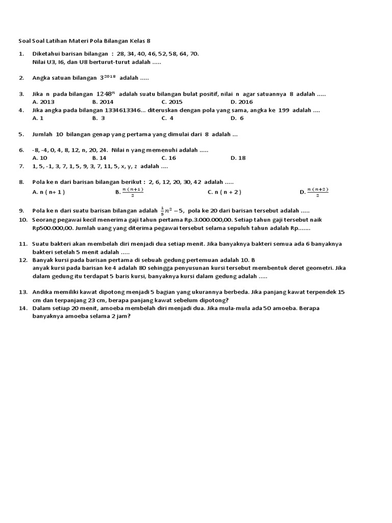 Soal Soal Latihan Materi Pola Bilangan Kelas 8 | PDF
