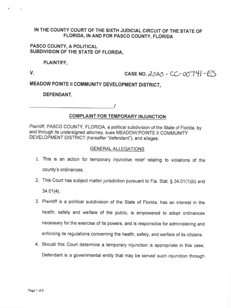 Pasco County vs. Meadow Pointe II Injunction | PDF | Law