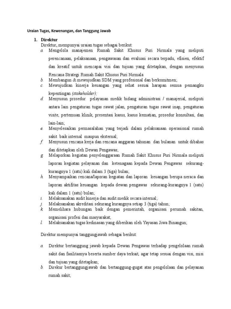Uraian Tugas, Tanggung Jawab Dan Wewenang Struktur Organisasi RSK Puri Nirmala | PDF