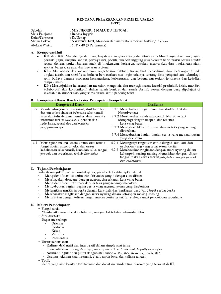 RPP (Narrative Text) - Kelas 9 | PDF