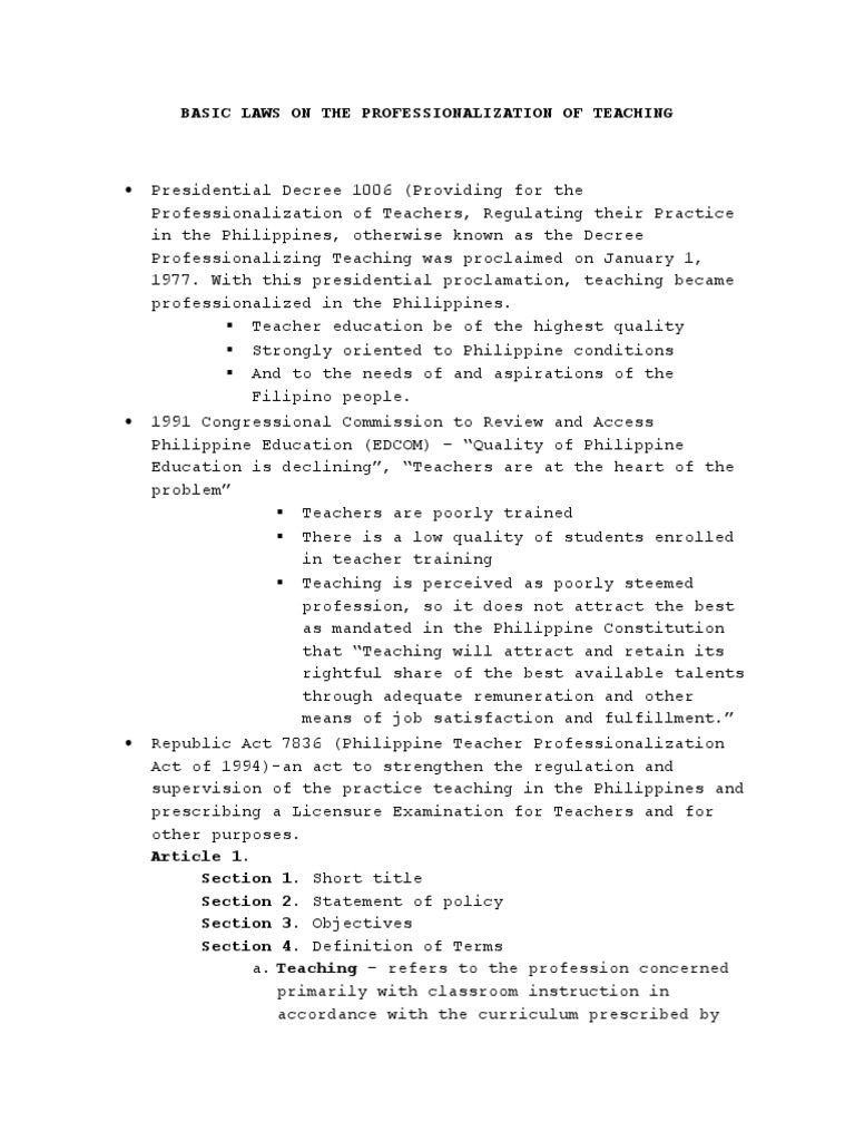 Basic Laws On The Professionalization of Teaching | PDF