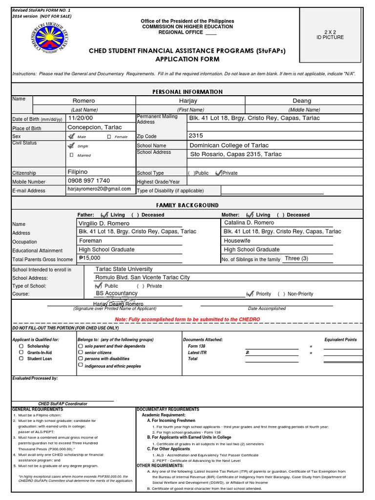 CHED StuFAPs Application Form 01-Signed | PDF | Bachelor Of Science ...