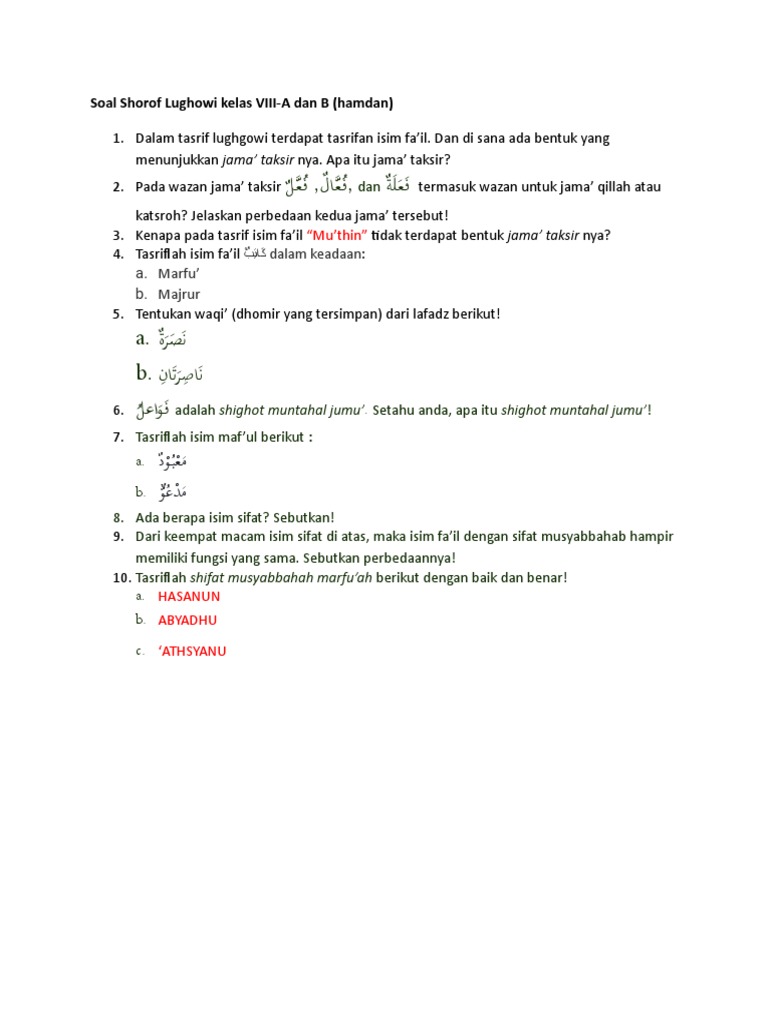 Soal Shorof Lughowi Kelas VIII | PDF