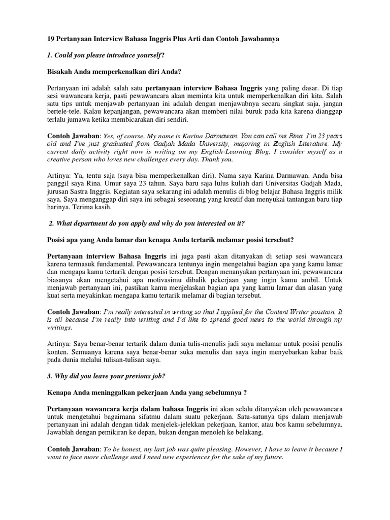 Pertanyaan Interview Bahasa Inggris Plus Arti Dan Contoh Jawabannya | PDF