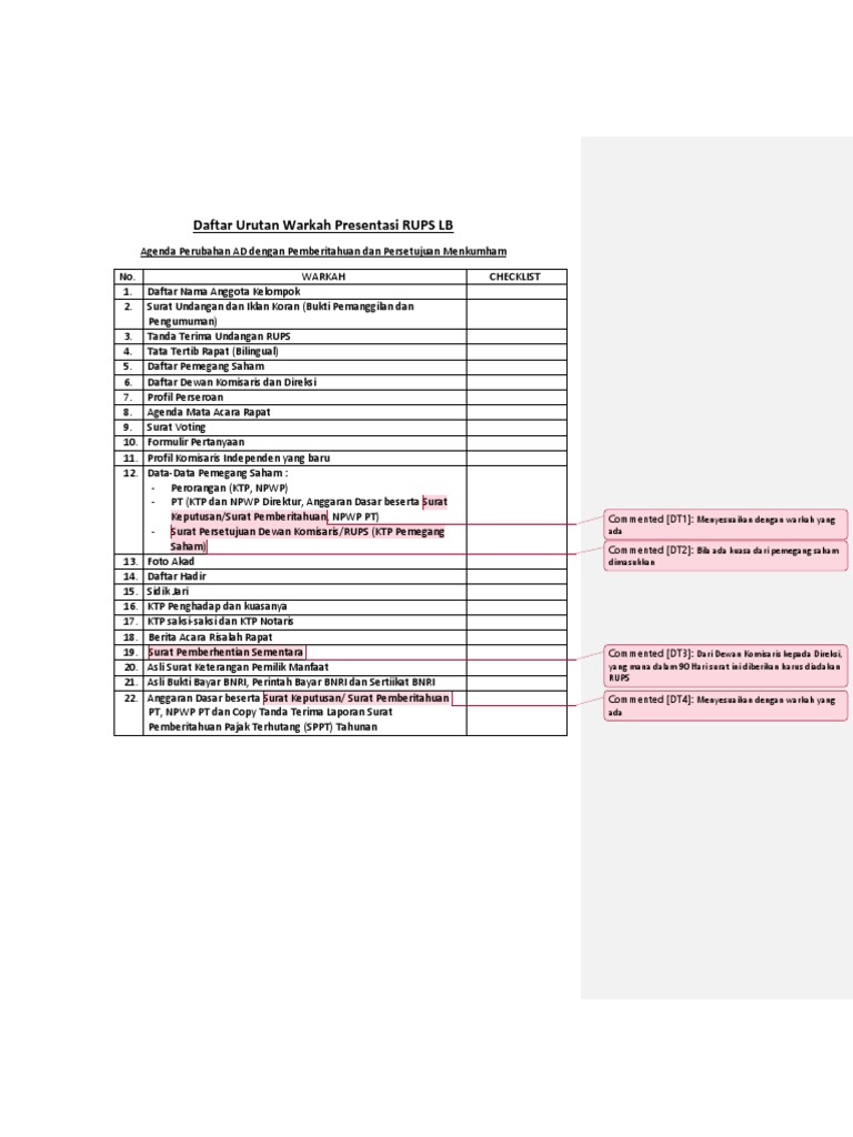 Daftar Warkah RUPS LB dan Persetujuan | PDF