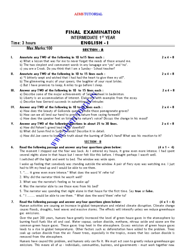 Inter 1st Year English Model Paper 2 | PDF | Greenhouse Gas | Global ...