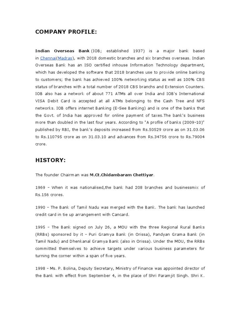 Iob Company Profile | PDF | Banks | Financial Services Companies