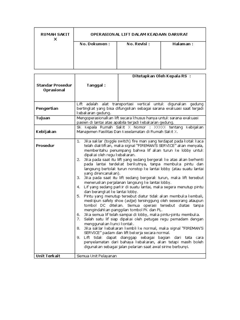 Sop Operasional Lift Darurat Rumah Sakit | PDF